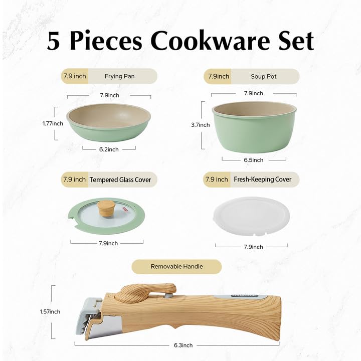Nonstick Cookware Sets, Ceramic Pots and Pans Set with Detachable Handle, 5 Piece Non Stick Kitchen Cooking Sets, RV Cookware Set for Induction Stoves Dishwasher Oven Safe, PTFE PFOA PFAS Free, Green