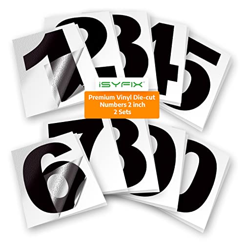 iSYFIX Black Vinyl Numbers Stickers – 2 Inch Self Adhesive (2 Sets)- Premium Decal Die Cut and Pre-Spaced for Mailbox, Signs, Window, Door, Cars, Trucks, Homes, Businesses, Address Numbers, Indoor or Outdoor