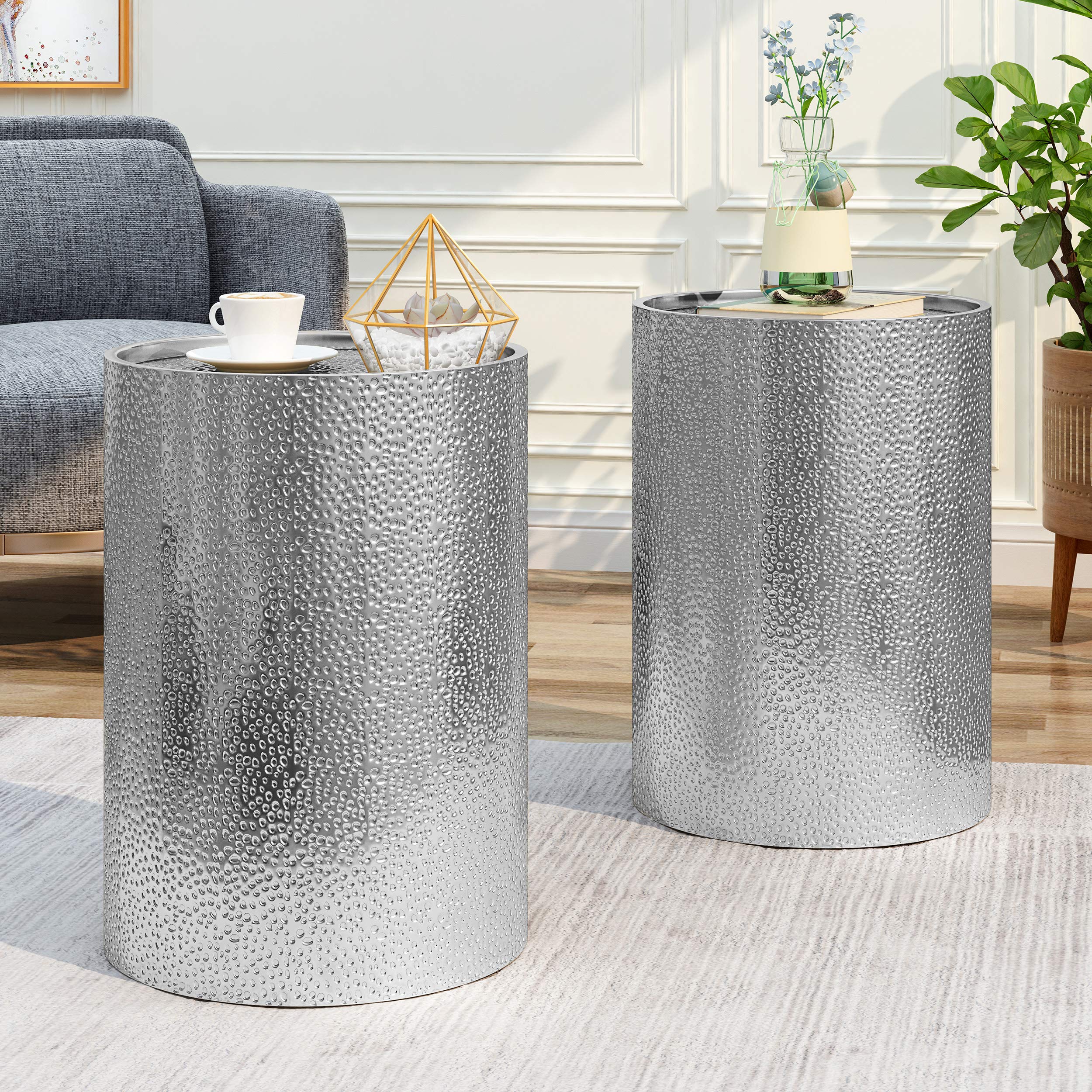 Christopher Knight Home Kaylee Modern Round Hammered Iron Accent Table (2 Pack) -Silver 16 in x 16 in x 22.25 in