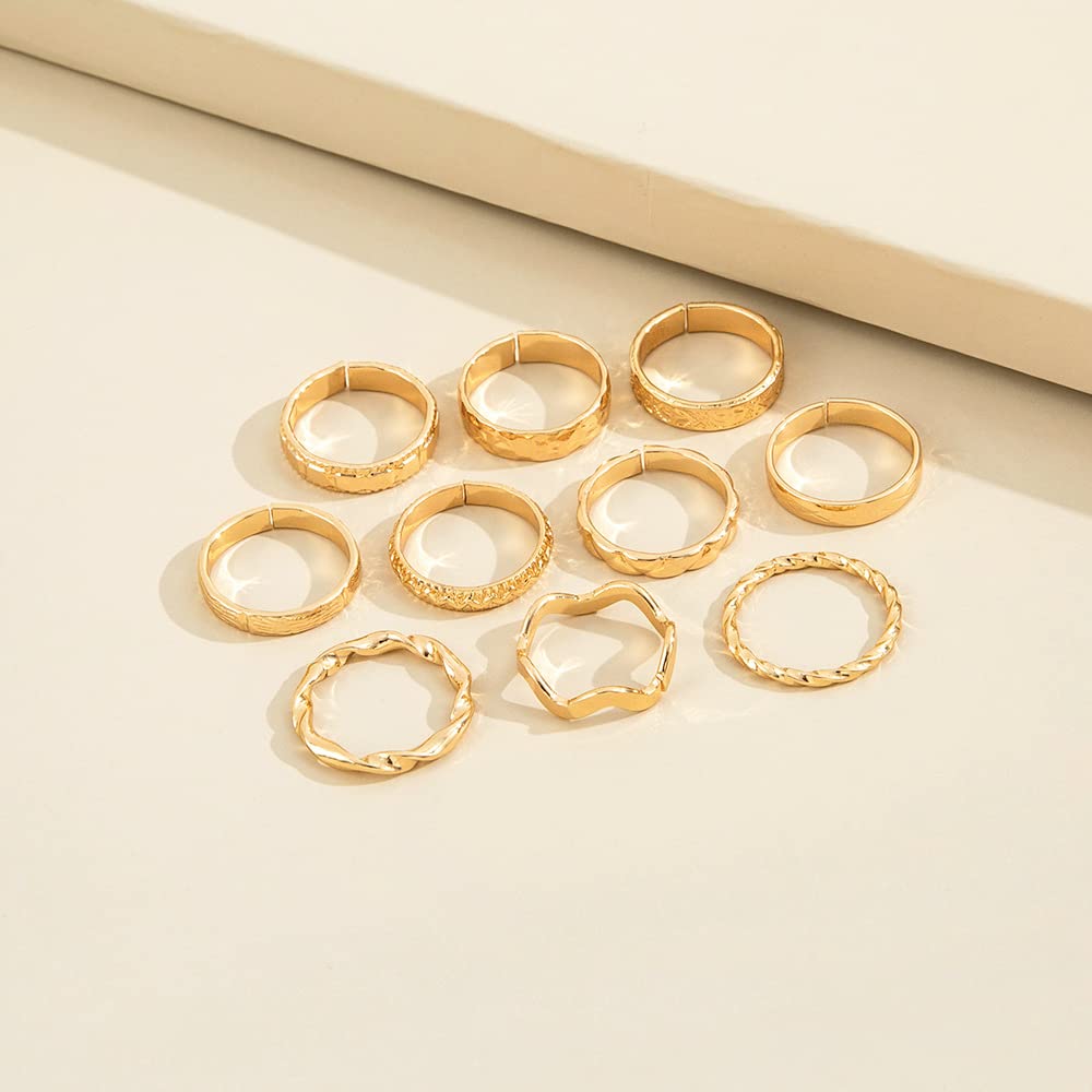 Chmier 10 Pcs Boho Gold Knuckle Rings Set Twist Wave Stackable Rings Irregular Texture Statement Rings for Women Men