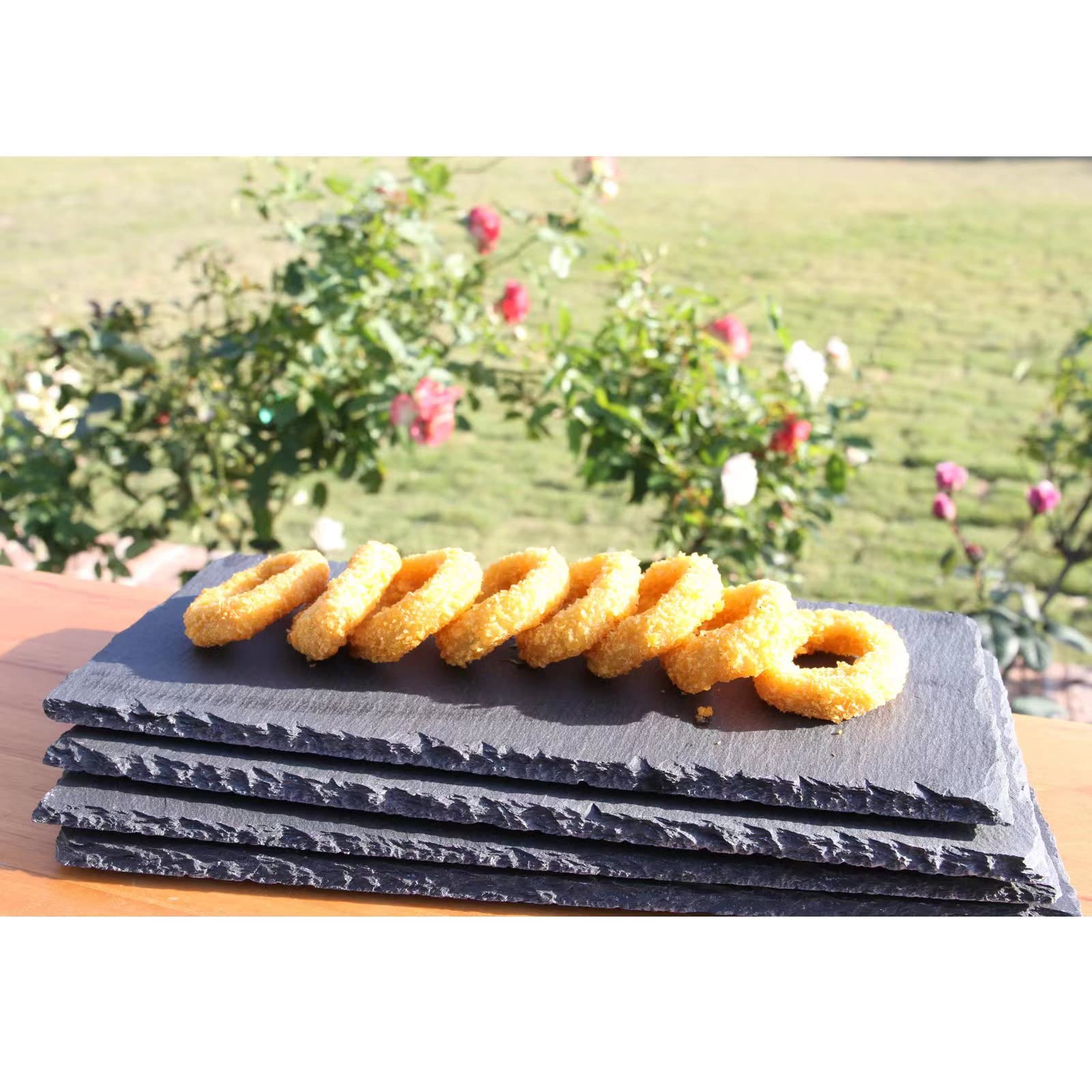 Fansch 5 Pack 12" x 5.5" Black Natural Slate Cheese Board with Natural Edge for Kitchen Dining Party, Stone Plates for,Cake Fruit Meat Appetizers Dried Fruits Display board, Set of 5 (12"x5.5")