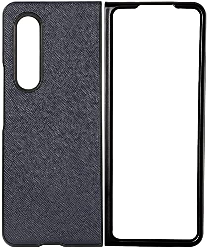 ZYKY Phone Case for Galaxy Z Fold 3, Genuine Leather Protection Cover PC Hard Shockproof Back Cover Protector Case Shell Compatible with Samsung Galaxy Z Fold 3 5G (Blue)