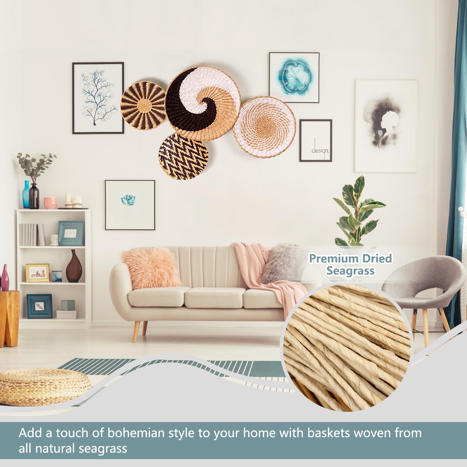 Hanging Woven Wall Basket Boho Decor Set, 4 Unique Handmade Seagrass Rattan Round Baskets Wall Decoration for Home Living Room Bedroom Rustic Coastal Farmhouse - Ready to Hang with Nails Included