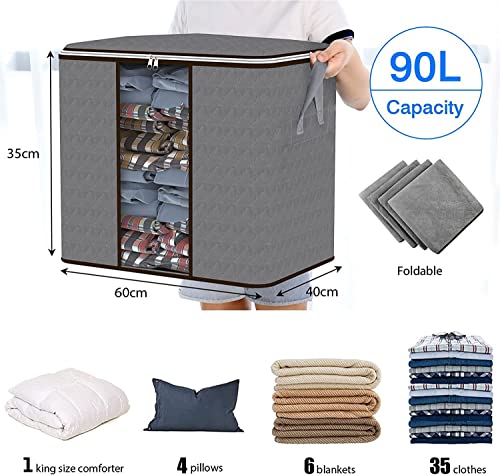 Micilelife Clothes Storage Bag 90L Large Storage Bags Closet Organizers and Storage,3-Pack, Gray,Foldable Organizer, With Clear Window,Suitable for Finishing Of Household ItemsReinforced Thick and Durable Organizer, Suitable for Finishing the Bedrooms,To