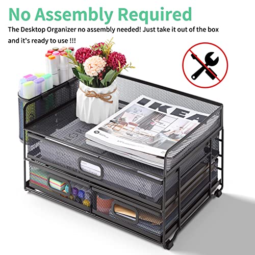 Desk Organizer with Drawers -3 Tier Desktop Organizer with Pen Holder and Drawer, Multi-Functional Desk Organizers and Accessories, Mesh Paper Organizer for Home Office Supplies(No Assembly)