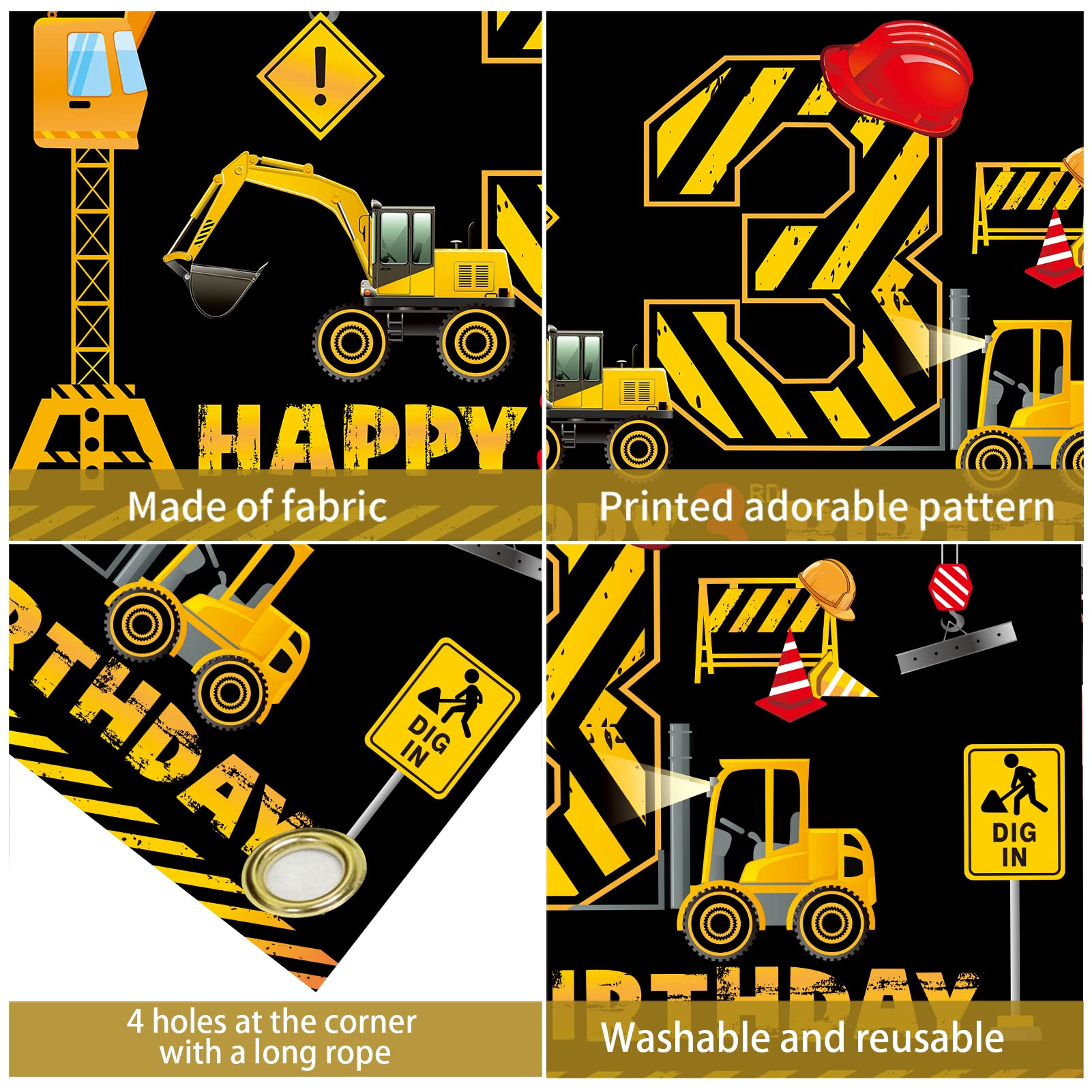 Construction 3rd Birthday Banner Decorations for Boys Kids, Dump Truck Construction Theme Three Birthday Backdrop Party Supplies, Excavator Crane Digger Three Year Old Poster Sign