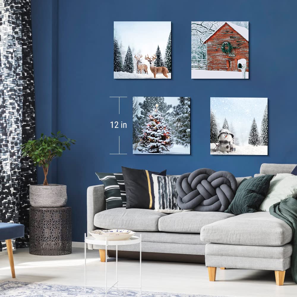 Christmas Canvas Wall Art Snowy Scenery Red Cottage Cute Snowman Canvas Prints for Living Room Kitchen Bathroom Home 12x12 Inches
