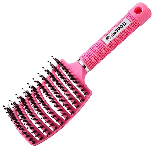 Hair Brush, Sosoon Upgraded Boar Bristle Detangling Brush for Fast Blow Drying, Curved Vented Styling Hairbrushes with Ultra-soft Bristles for All Hair Types for Men Women Kids Wet & Dry Hair, Pink