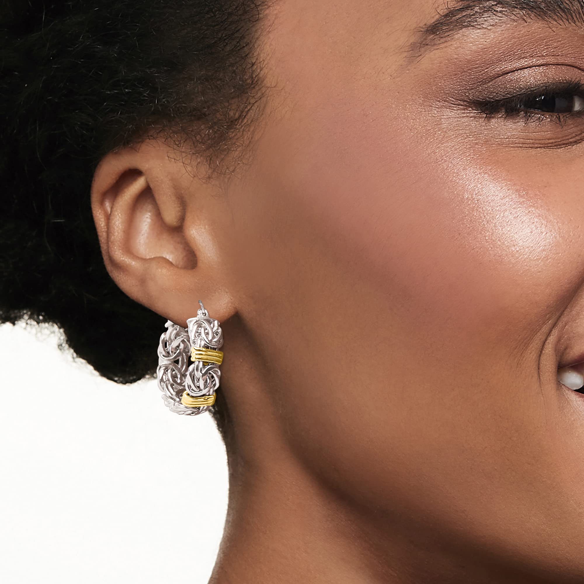 Ross-Simons Byzantine Station Hoop Earrings in Sterling Silver With 14kt Yellow Gold