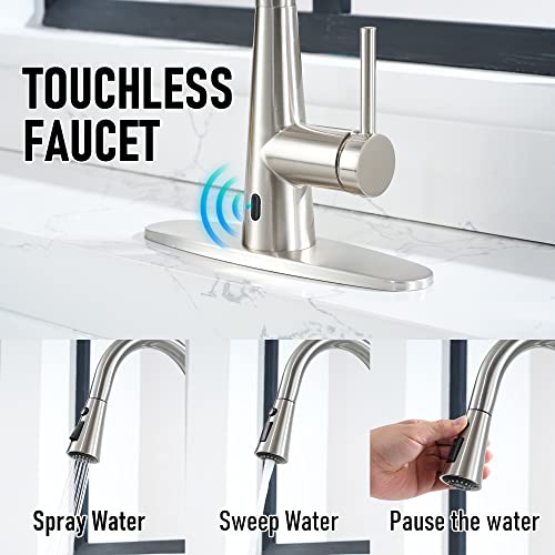 Brushed Nickel Touchless Motion Sensor Smart Hands-Free Kitchen Faucet Single Handle Kitchen Sink Faucet with Pull Down Sprayer