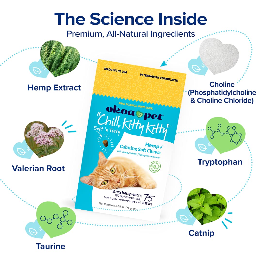 Okoa Pet “Chill, Kitty Kitty” Hemp Calming Supplement for Cats - Cat Anxiety Support Soft Chews for Reduced Stress, Thunder, Travel, & Separation - Salmon Flavor Hemp Treats - Vet Formulated, USA Made