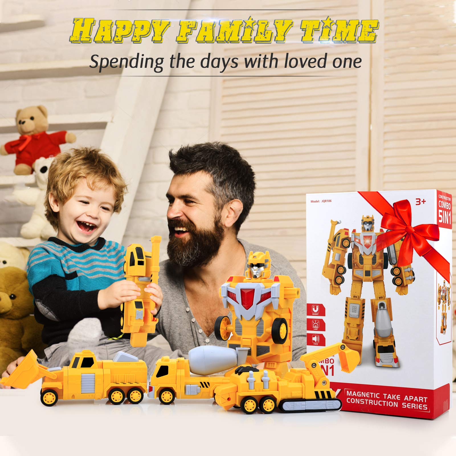 Construction Toy Trucks for 3 4 5 6 Year Old Toddler Boy Kids, Magnetic Assemble Transform Robot Play Vehicles, 15.7 inch Action Figure, Pull Back Dump Cars Birthday Gift