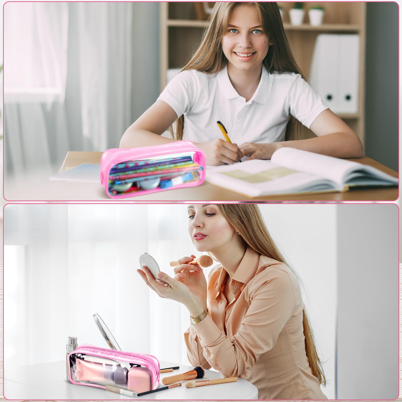 Fulmoon 30 Pcs Pencil Case Clear PVC Zipper Durable and Thick Pencil Bag Makeup Pouch Clear Zipper Pen Pouches Clear Pencil Case for Pencils Cosmetics(Pink)