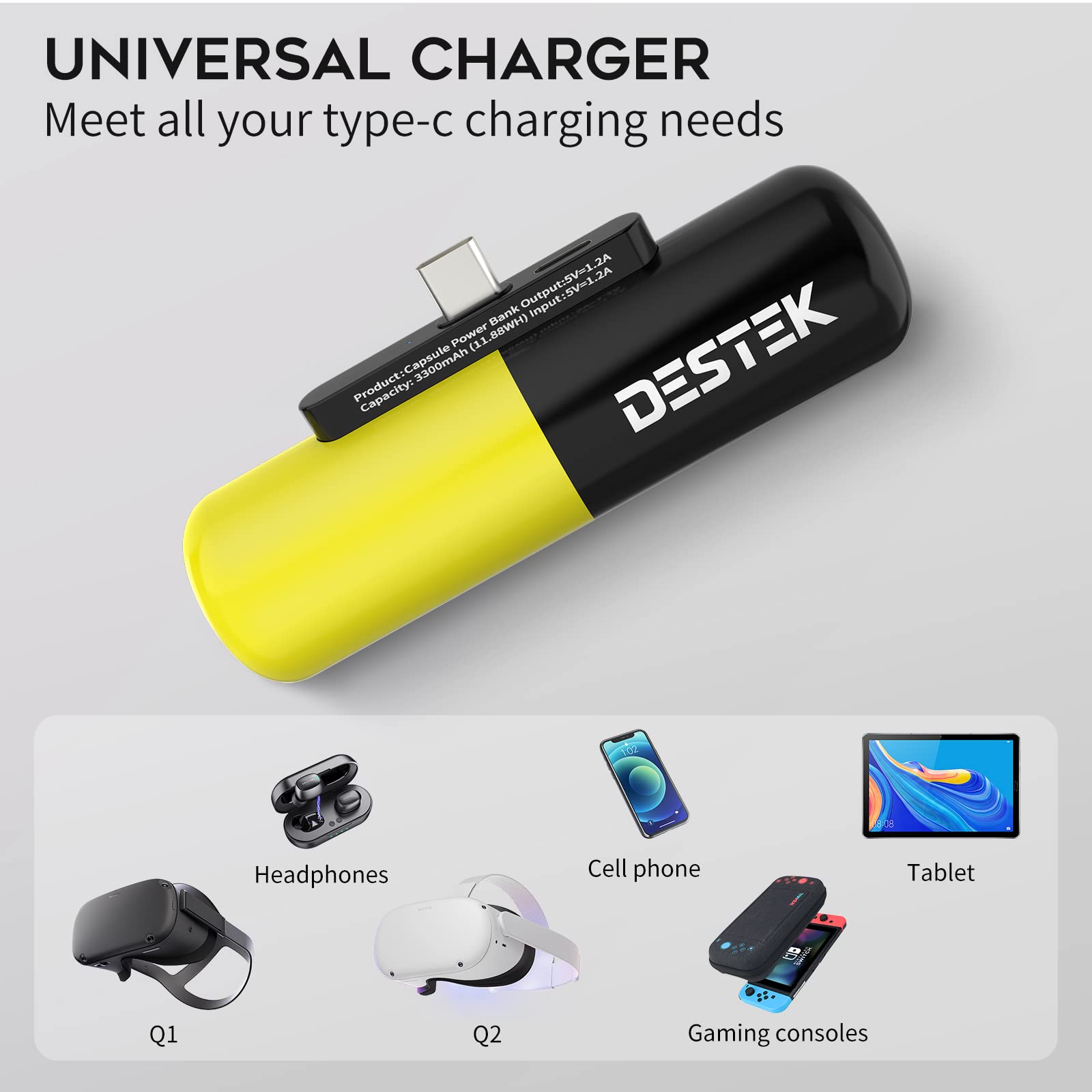 DESTEK Capsule Power Bank Compatible with Meta/Oculus Quest 2/Quest Pro Accessories and Phone | Ultra Lightweight & Portable Battery Pack Compatible with Elite Strap, Extra 1.5hrs Play time (3300mAh)
