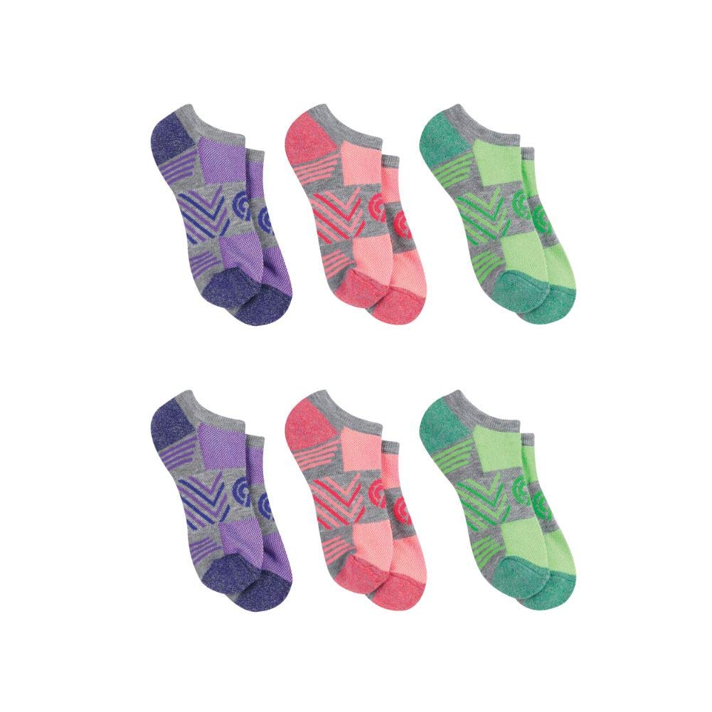 C9 Champion Women's 6 Pack No Show Sock, Gray with Green, Pink or Purple Accent, 5-9