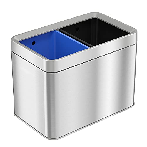 iTouchless 5.3 Gallon Open Top Trash Can & Recycle Bin Dual Compartment Combo, includes Decals, 20 Liter, Stainless Steel, Removable Buckets, For Kitchen, Office, Bedroom