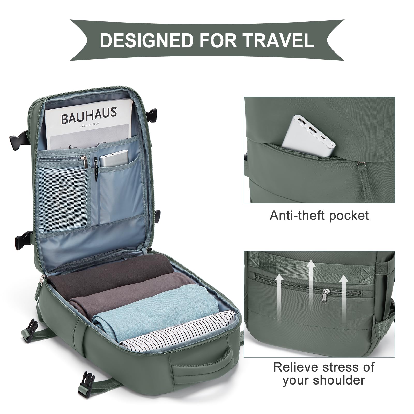 coowoz Large Travel Backpack For Women Men,Carry On Backpack,Hiking Backpack Waterproof Outdoor Sports Rucksack Casual Daypack Travel Essentials(Olive Green Minimalist)