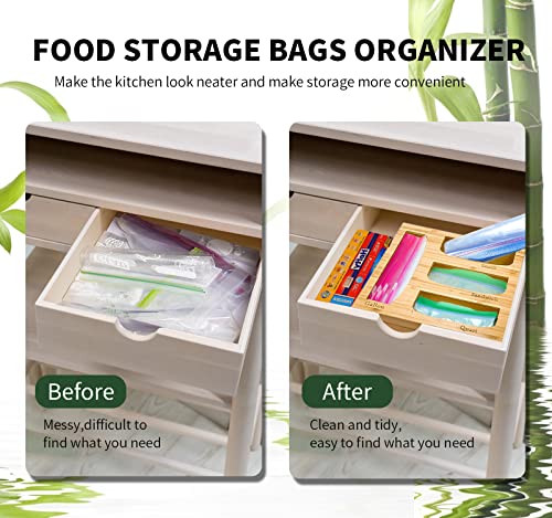 Bamboo Ziplock Bags Organizer for Kitchen Drawer - Food Storage Plastic Bag Dispenser Holder Containers, Openable Lid Wooden Organization Box for Gallon Snack Sandwich Quart Variety Size Baggies