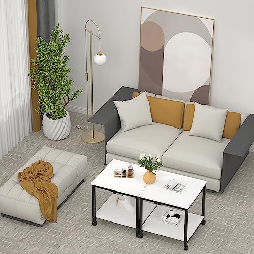 Homieasy Mobile 20 Inch Square End Table, 2-Tier Mini Fridge Printer Stand with Lockable Wheels, Metal Wood Accent Modern Simple Industrial Style Side Table for Living Room Bedroom, White