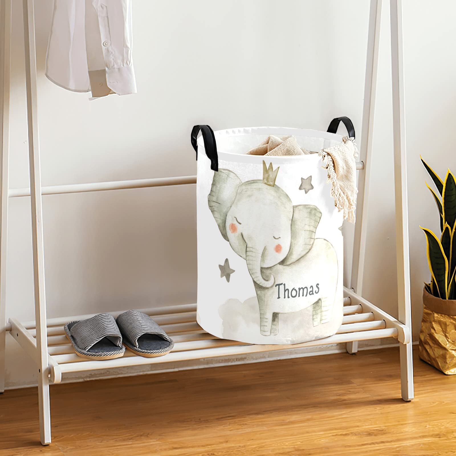 Cute Prince Elephant Personalized Laundry Hamper,Custom Name Collapsible Waterproof Laundry Basket Storage Bins with Handle for Clothes,Toy,Nursery