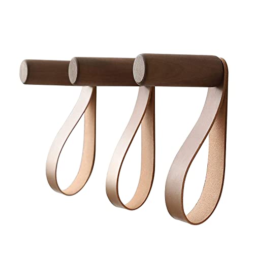 Fetcoi Wood Wall Hooks with Leather for Wall Mounted Single Hangers, 3pcs Wall Mounted Boho Single Organizer Hangers Vintage Handmade Craft Hat Rack