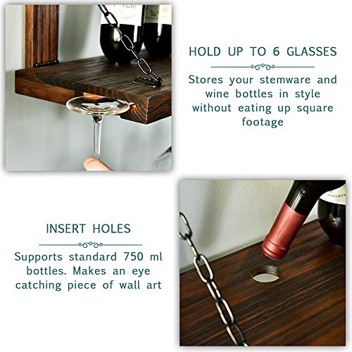 Wall Mounted Wine Rack with Glass Holder, Floating Wine Shelf for Kitchen, Rustic Pine Wood