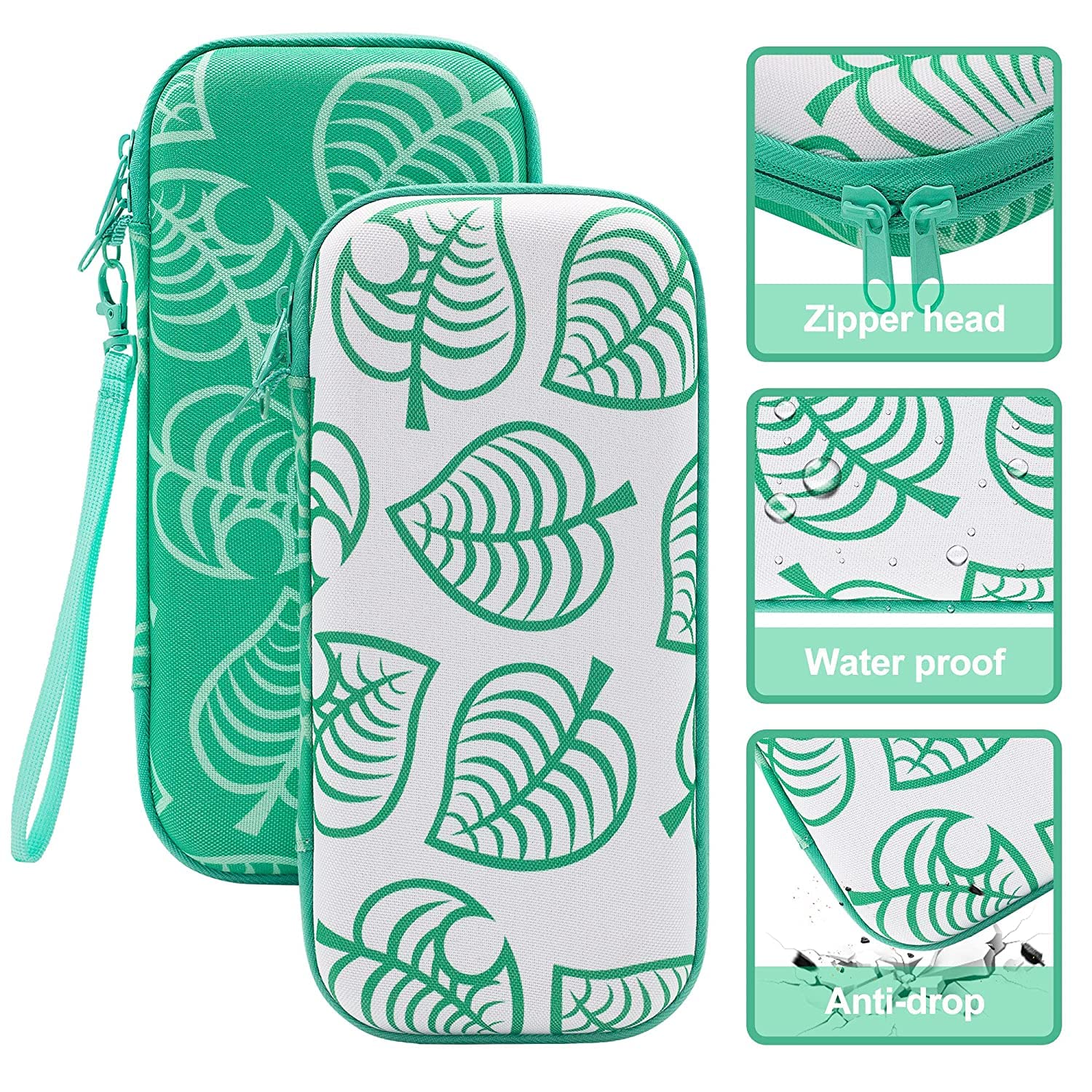 Carry Case for Nintendo Switch，With Animal Crossing Green Leaf Protective Storage Bag with Docking Clear Cover Crystal Shell & Screen Protector & Thumb Grips