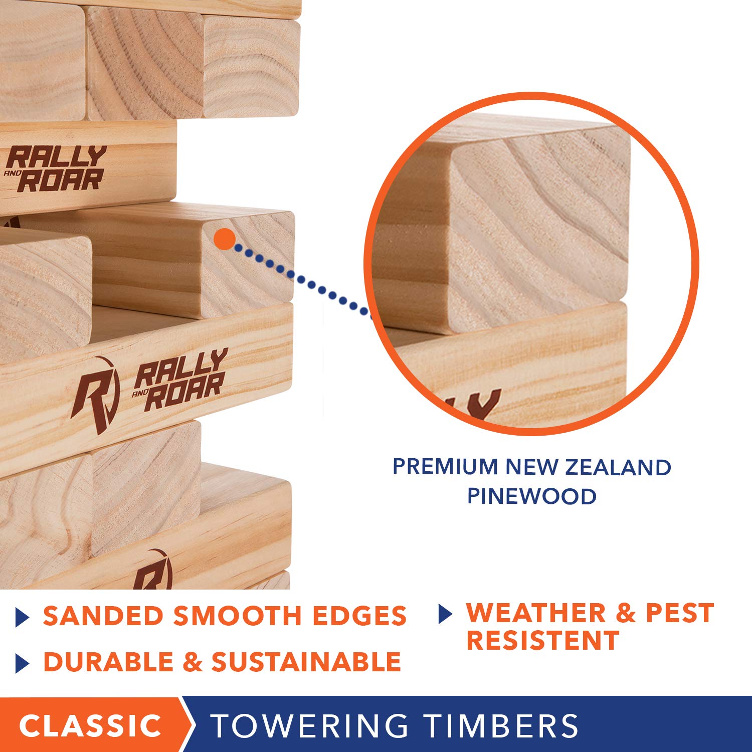 Rally and Roar Towering Timbers Giant Tumbling Timbers Game 2.5 feet Tall (Build to Over 5 feet) Classic Wood Version - for Adults, Family Stacking Blocks Set w/Canvas Bag