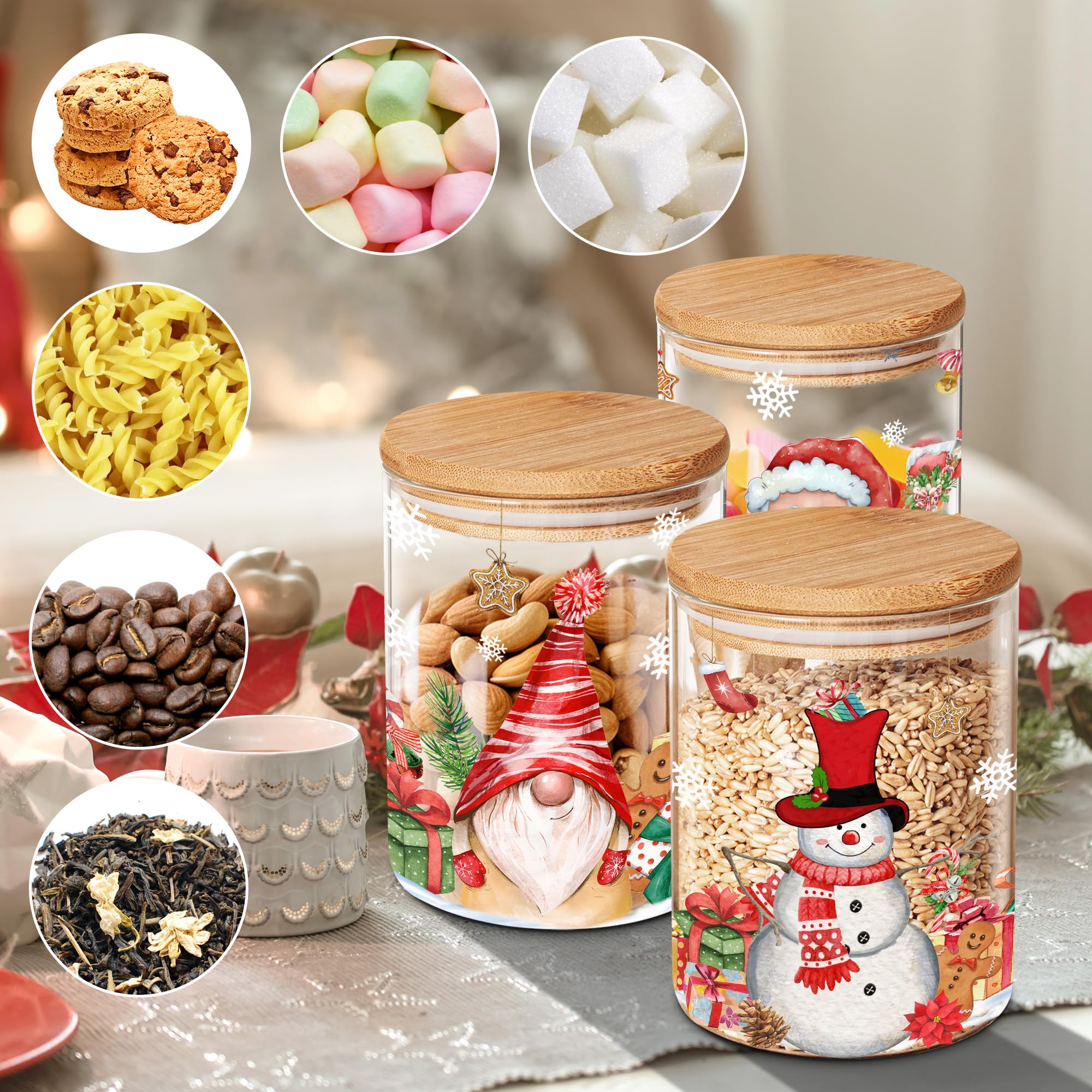 Christmas Decorations 3 Pack Glass Storage Jars-Christmas Gnome Canisters Sets with Airtight Bamboo Lid for Kitchen Countertop Snowman-Christmas Kitchen Decor Clear Glass Storage Jars Santa Claus