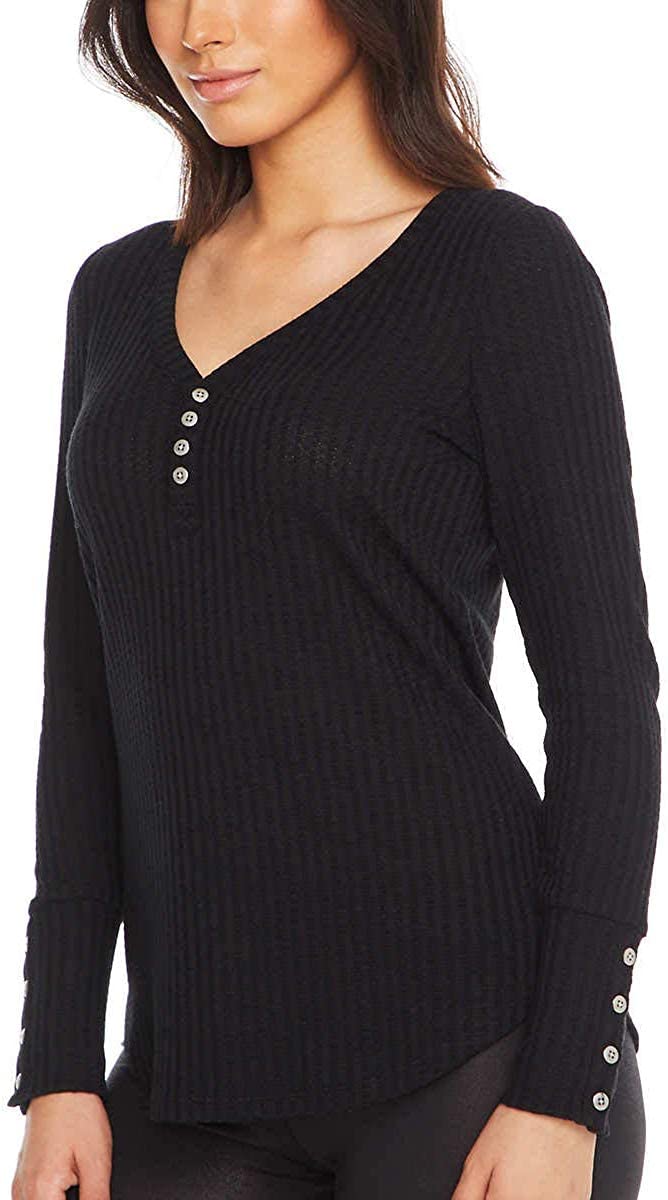CHASER Ladies' Long Sleeve Waffle Thermal Tunic Sweater Top (Medium, Black)