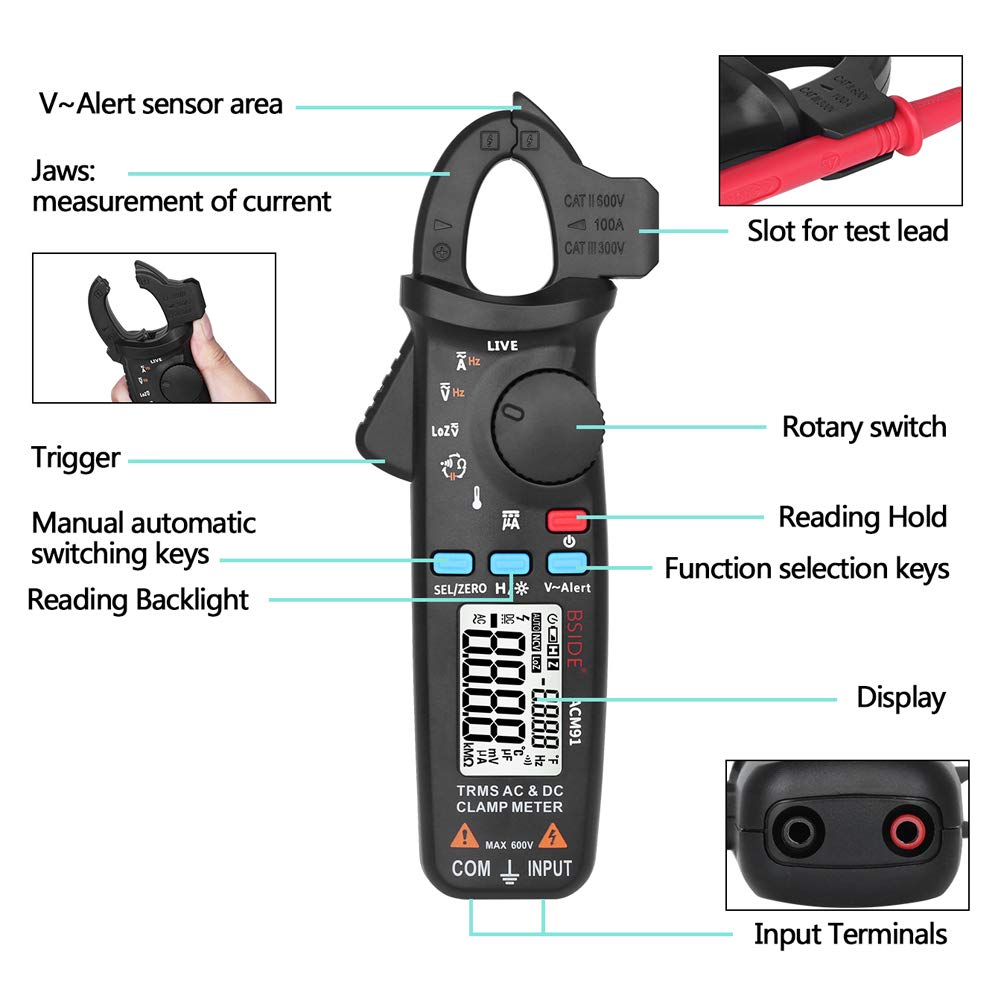 BSIDE ACM91 Mini AC DC Digital Clamp Meter Current True RMS Voltage Tester