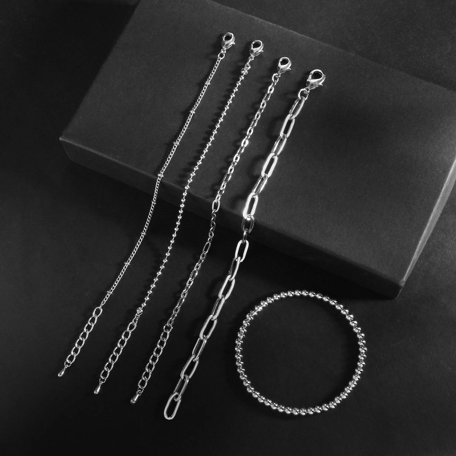 CONRAN KREMIX Silver Chain Bracelet for Women,Stake Layered Dainty Link Paperclip Bracelets Set,Trendy Silver Jewelry For Women