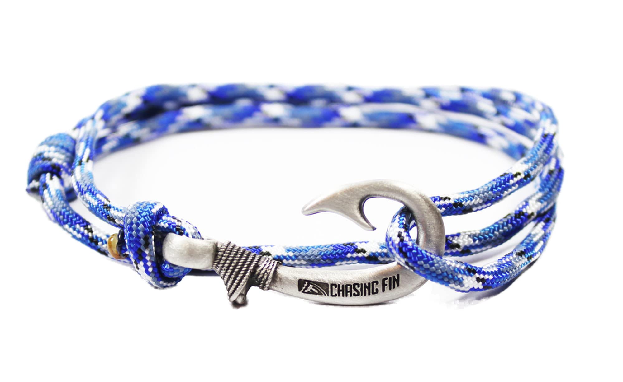 Chasing Fin Fish Hook Pendant Bracelet - Cool 30-Inch Military-Grade 550 Paracord Bracelet & Anklet - Adjustable Size, 100% Nylon Nautical & Fishing Accessory Hook Pendant, Pewter (Blue Camo, Pewter)