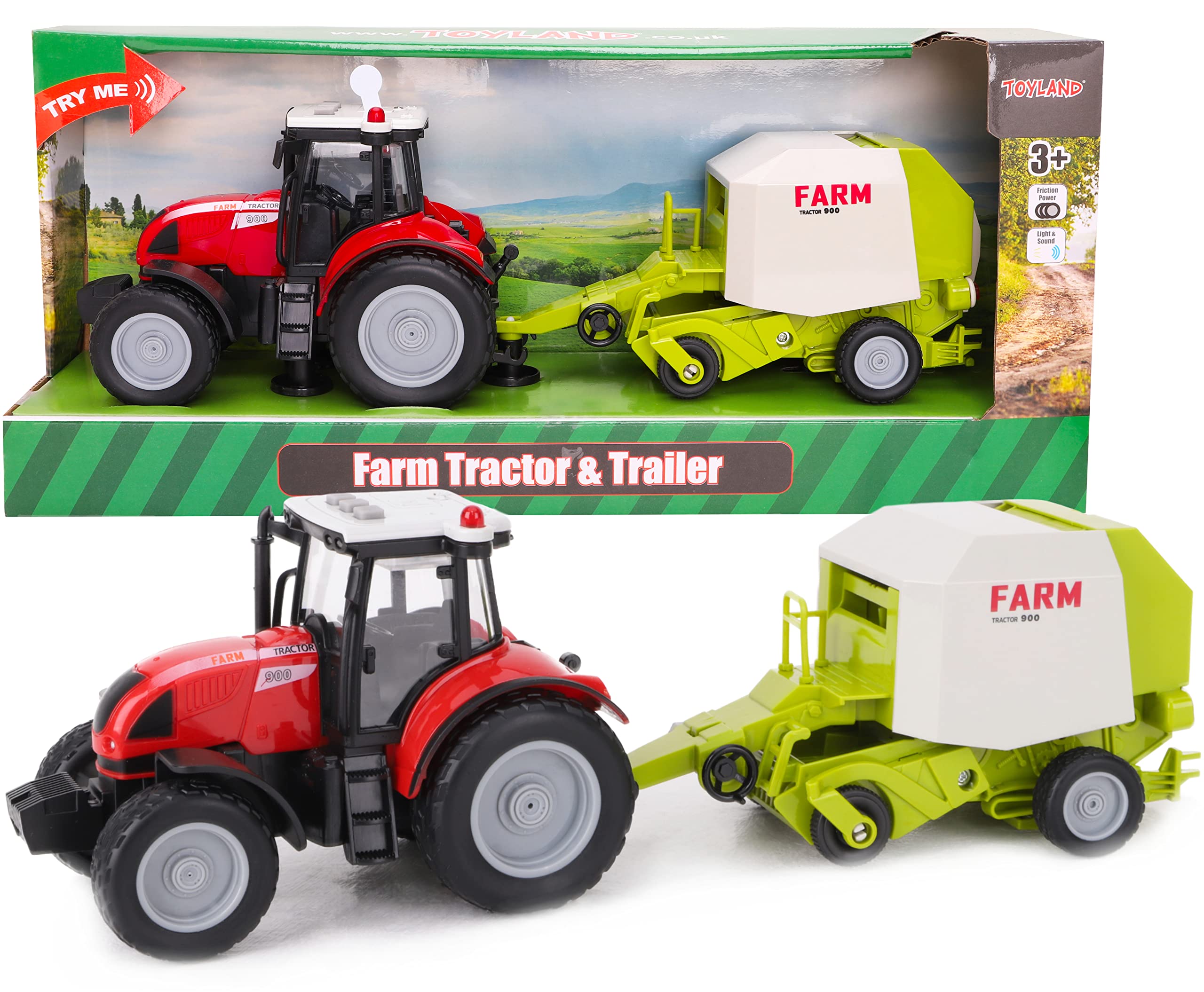 ToylandÂŽ 37cm Red Tractor & Trailer with Lights & Sound - Childrens Farm Toys (Tractor & Baler)