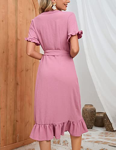 KOJOOIN Women's Button Down Midi Shirt Dress Summer Short Sleeve Tie Waist Split Business Casual Work Long Maxi Dress Dusty Pink XL