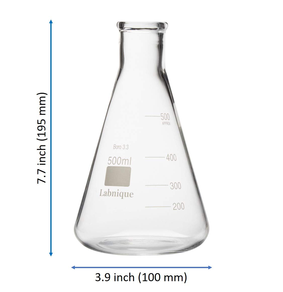 Labnique Borosilicate 3.3 Glass Conical Flask, Erlenmeyer Flask with Narrow Mouth, Graduated, Double Boxed, 500ml (Pack of 8)