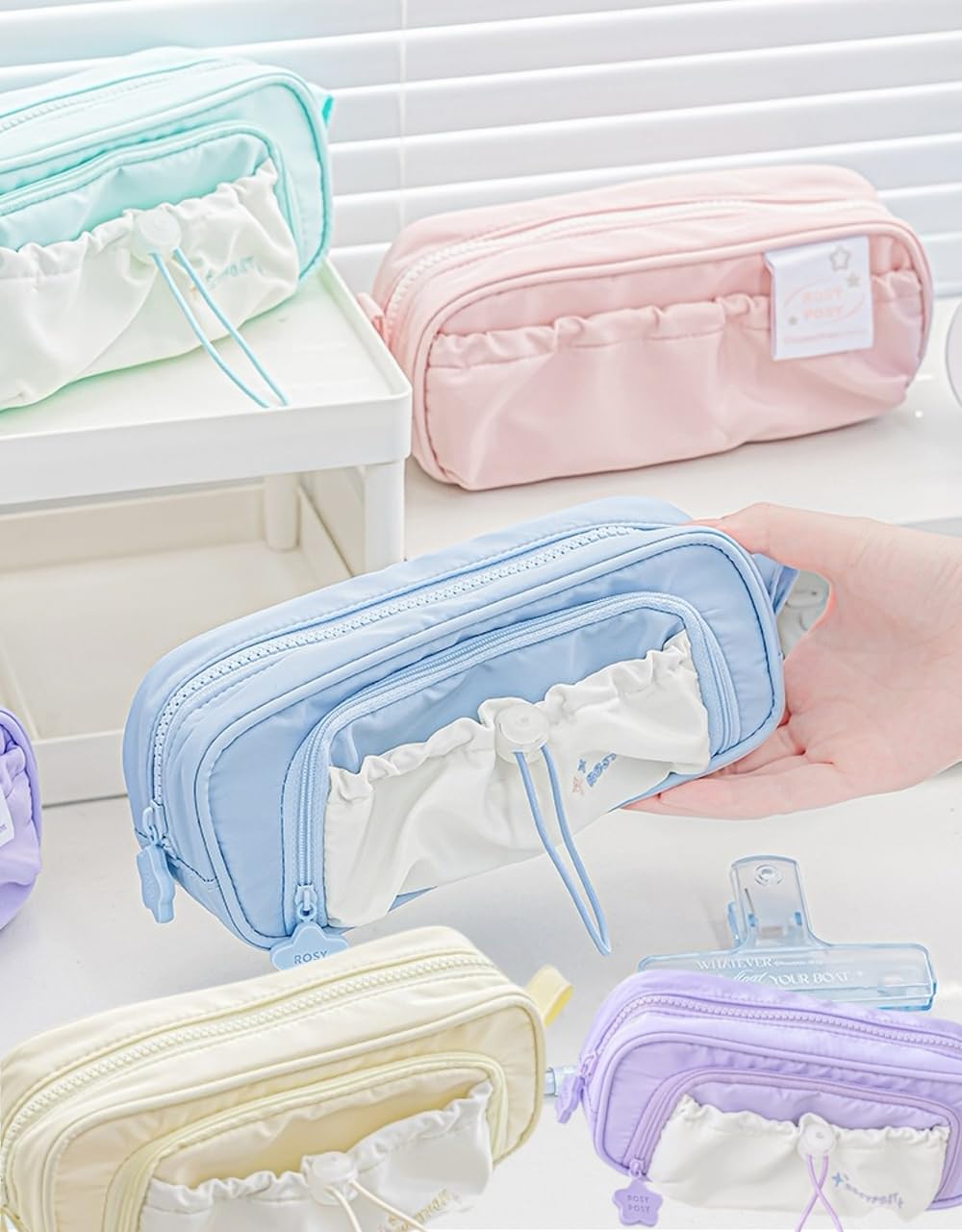 Cute Star Pencil Box Large Capacity Kawaii Drawstring Aesthetic Estuche Para Lapices (At seaside (Blue))