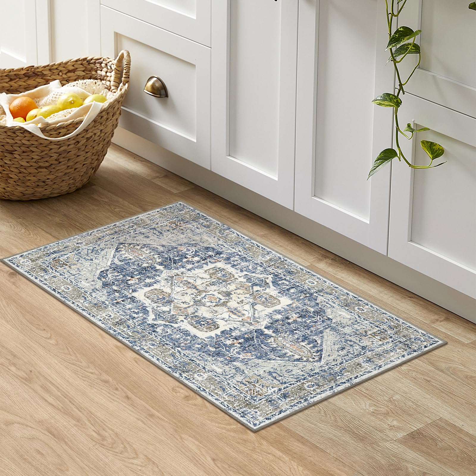 Lahome Boho Door Mat Indoor Entrance, 2x3 Rugs for Entryway Washable Non Slip Small Rugs for Bedroom Throw Thin Kitchen Rugs Bathroom Mats, Blue Medallion Print Doormat Carpet for Office Entrance