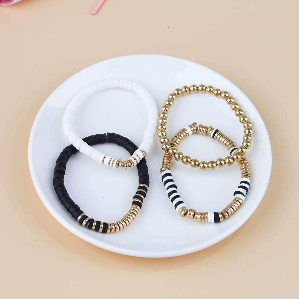 Colorful Surfer Stretch , Letter Vinyl Beads Bracelet Set, Handmade Elastic Rope Heishi, Summer Beach Bracelet for Women