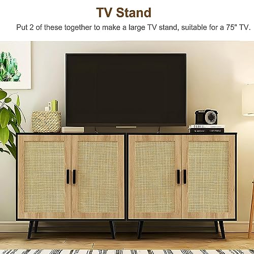 Iwell Boho Sideboard Buffet Cabinet, Kitchen Storage Cabinet with Natural Rattan Door & 2 Adjustable Shelves, Rattan Cabinet, Accent Cabinet for Living Room, Kitchen, Entryway, Black