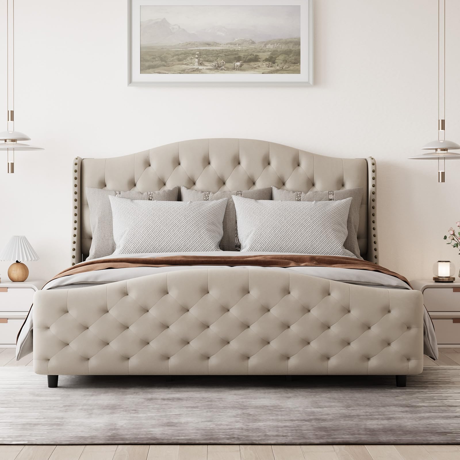 GarveeHome Queen Size Velvet Tufted Upholstered Platform Bed Frame with Raised Wing Back Headboard, Mattress Foundation and Wood Slat Support, No Box Spring Needed, Beige