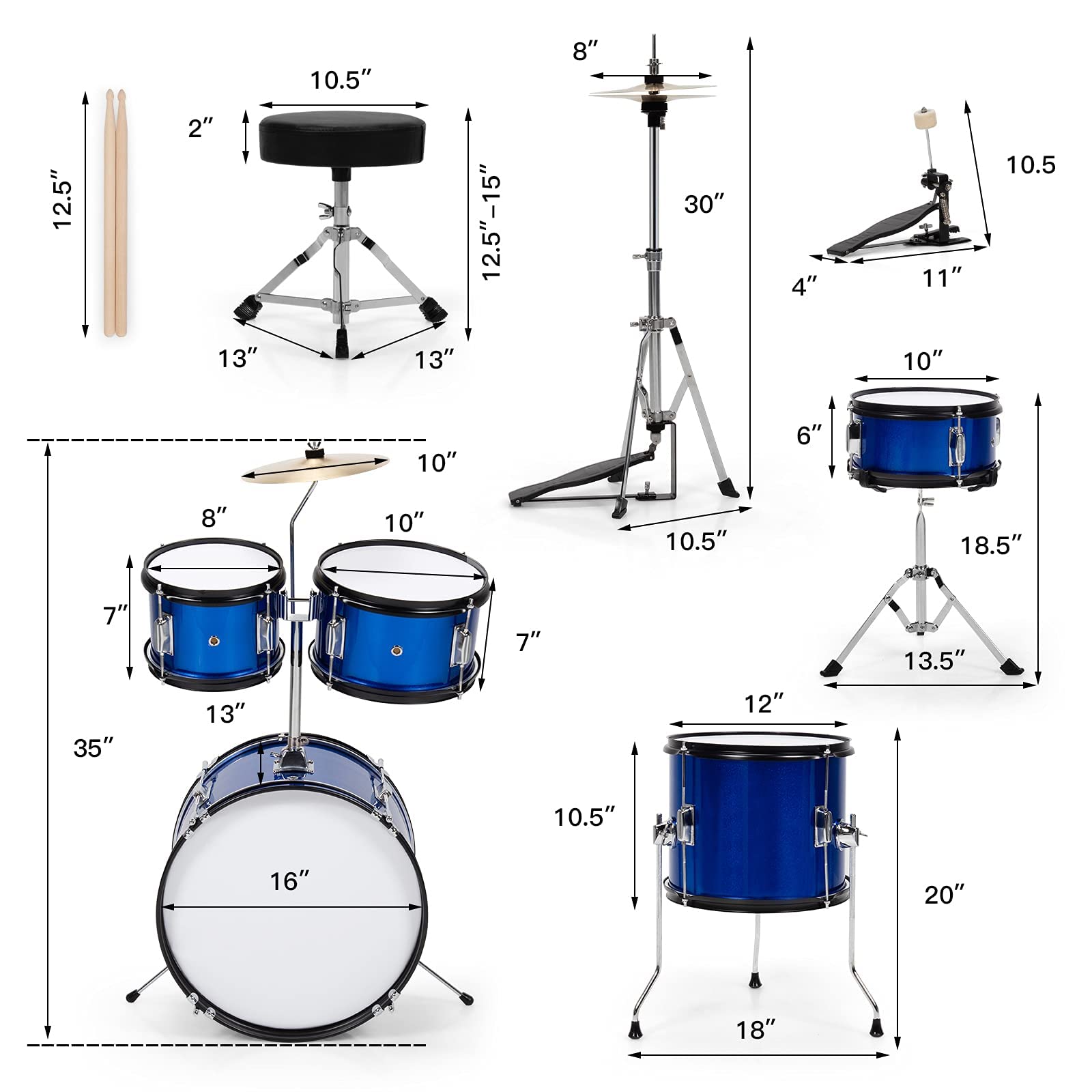 Costzon 16β Kids Drum Set, 5-Piece Full Size Complete Junior Drum Set with Adjustable Throne, Cymbal, Hi-Hat, Pedal & Drumsticks, Beginner Drum Kit with Bass Snare Tom Drum, Age 3-12, Blue