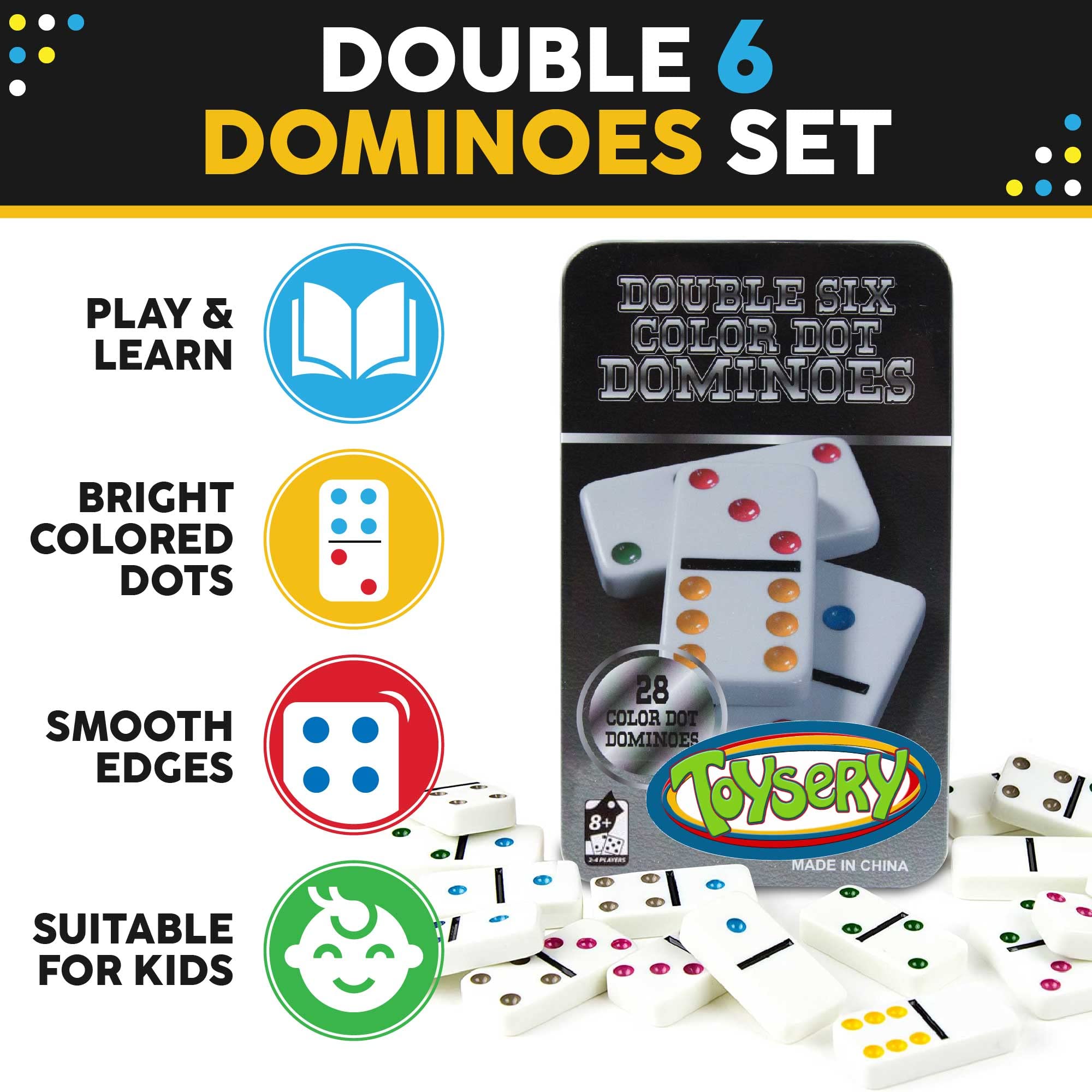 Toysery Double 6 Dominoes Set with Colored Dots. 28 Piece Set White Dominos for Kids with Tin Case. Educational Game Set