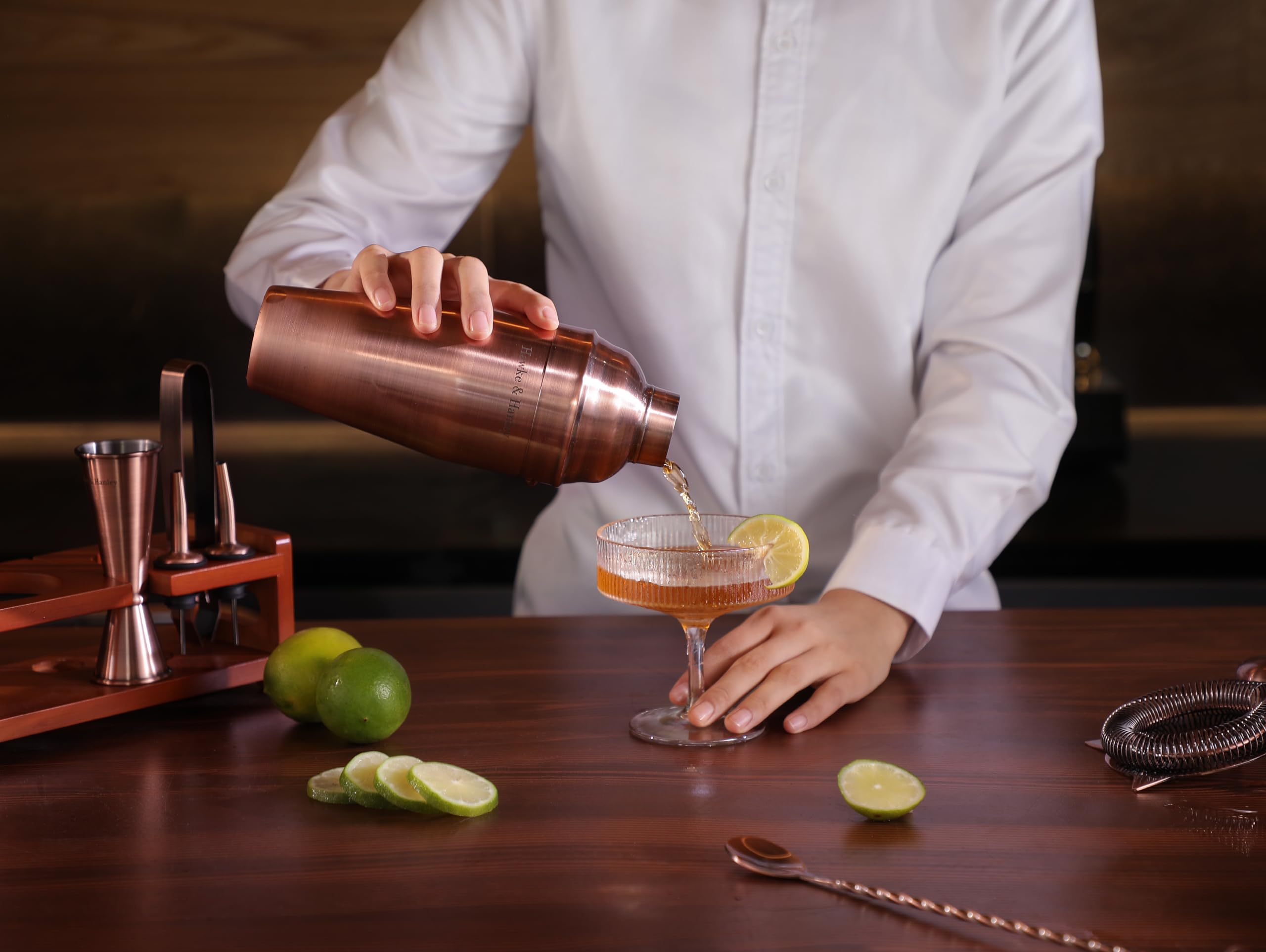 Hawke & Hanley Premium Cocktail Shaker Set Bartender Kit - 10 Piece Brushed Copper Mixology Bar Set with a 24 oz Martini Shaker, Bar Tools and a Bamboo Stand - Housewarming Gift Ideas for New Home