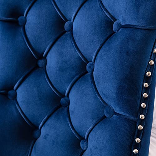 BTEXPERT High Back Blue Velvet Tufted Upholstery, Solid Wood-Accent Nail Trim, Ring Leisure Side Living Room Bedroom Coffee upholstered Dining Chair Set of 2, Navy
