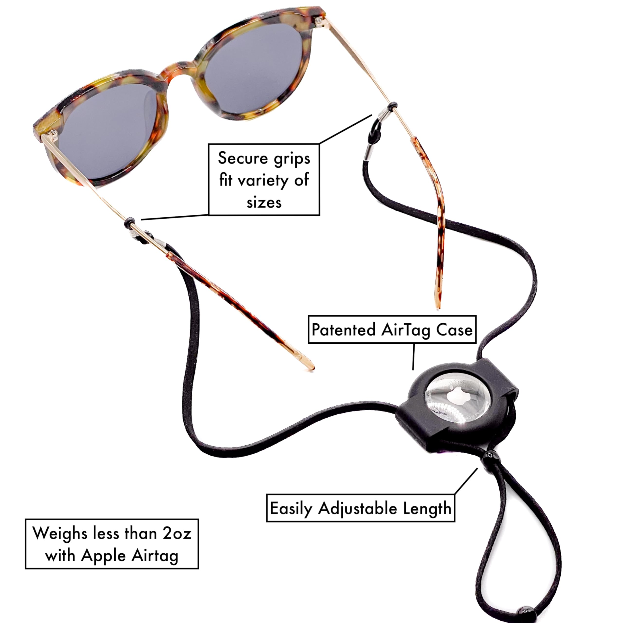 Eyeglass Lanyard β Sunglasses Strap with Holder Compatible with AirTag Tracker β Adjustable Eyeglass Strap for Eyewear Loss Prevention β Sunglasses Lanyards for Men and Women (Black)