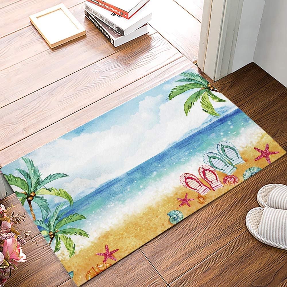 Door Mat for Bedroom Decor, Watercolor Flip Flops Shell and Starfish in The Beach Floor Mats, Holiday Rugs for Living Room, Absorbent Non-Slip Bathroom Rugs Home Decor Kitchen Mat Area Rug 18x30 Inch