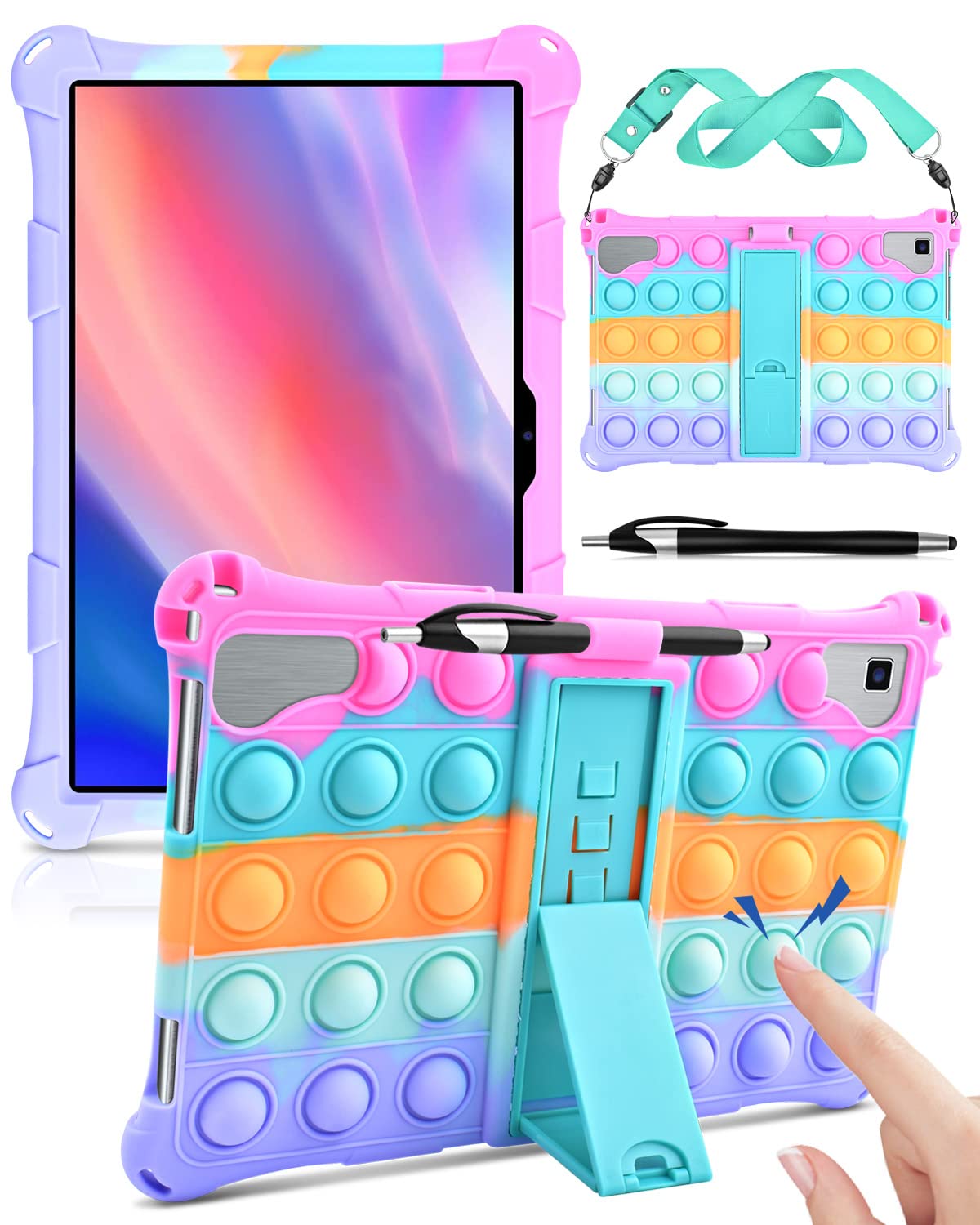 DETUOSI Silicone Case for TECLAST M40/P20/M40 PRO with Shoulder Shoulder Strap & Stylus Pen, Soft Lightweight Bubble Protective Cover for VASTKING KingPad K10/Z10/K10 Pro, Dazzling Pink
