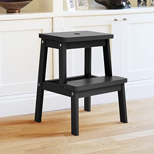 HOUCHICS Wooden Step Stool for Adults with 400lb, Wood Step Stool,Adults Step Stool, Step Stool for Bedside Step Helper for Kitchen,Bathroom,Bedroom (Black)