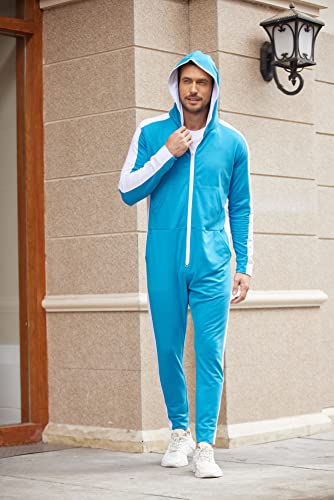 COOFANDY Men's One Piece Tracksuit Hooded Jogging Jumpsuit Long Playsuit with Pockets Blue XL